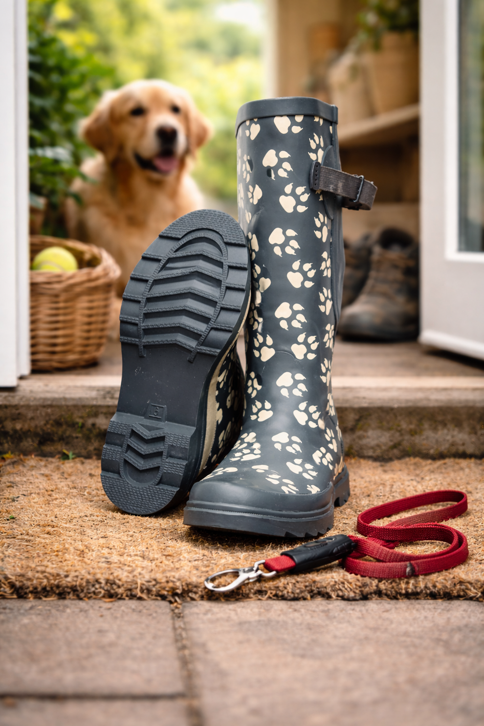 Tall Grey Paw Print Patterned Wide-Calf Wellies (Rain Boots ...