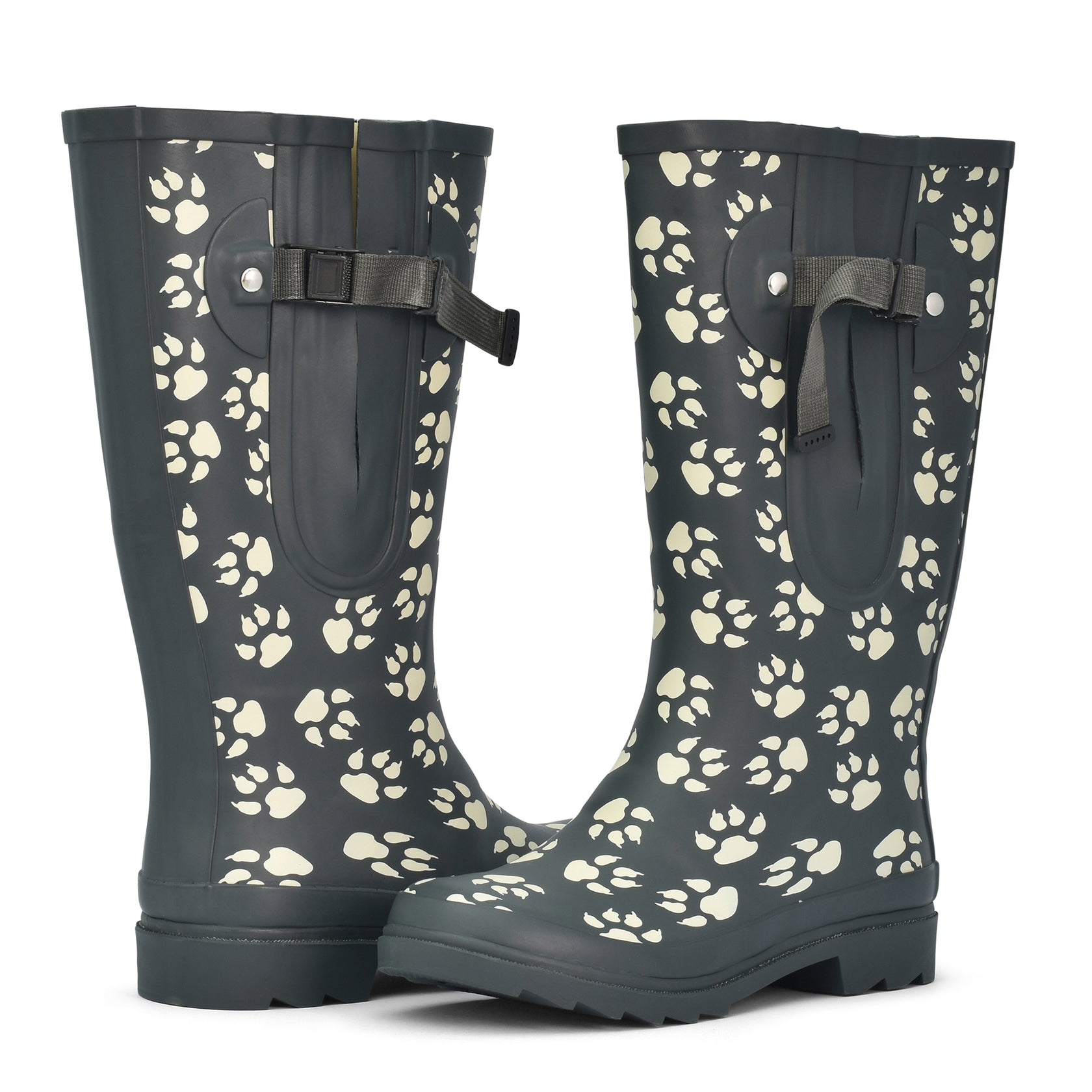 Tall Grey Paw Print Patterned Wide-Calf Wellies (Rain Boots ...